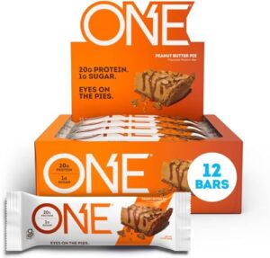 one protein bars, peanut butter pie, gluten free protein bars with 20g protein and 1g sugar, pantry staples, 2.12 oz (12 count)