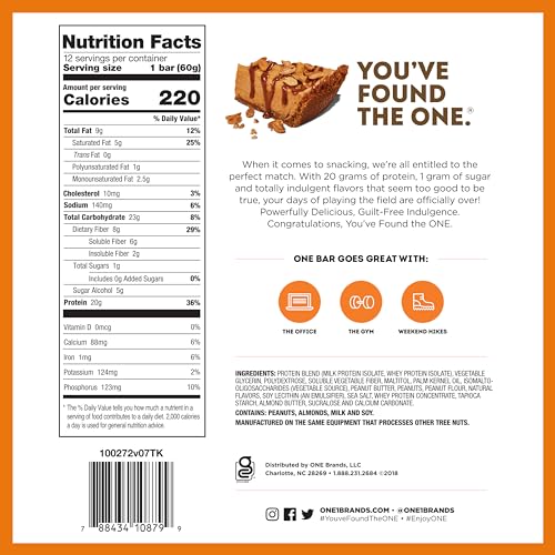 ONE Protein Bars, Peanut Butter Pie, Gluten Free Protein Bars with 20g Protein and 1g Sugar, Pantry Staples, 2.12 oz (12 Count)