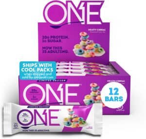 one protein bars, fruity cereal, gluten free protein bars with 20g protein and 1g sugar, pantry staples, 2.12 oz (12 count)