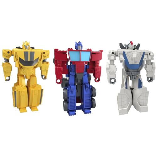 Transformers 1-Step Flip Heroes 3-Pack, 4-Inch Wheeljack, Bumblebee, and Optimus Prime Action Figures, Kids Easter Toys or Basket Stuffers, Age 6+