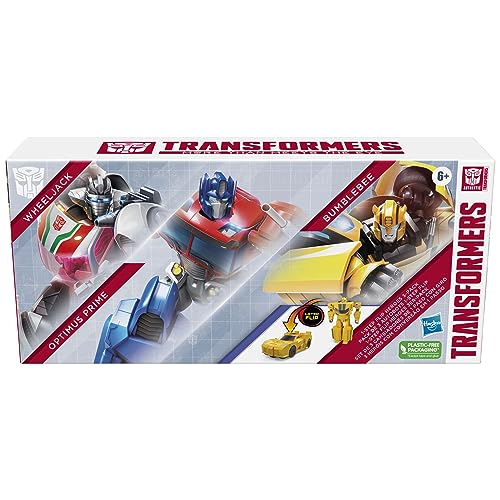 Transformers 1-Step Flip Heroes 3-Pack, 4-Inch Wheeljack, Bumblebee, and Optimus Prime Action Figures, Kids Easter Toys or Basket Stuffers, Age 6+