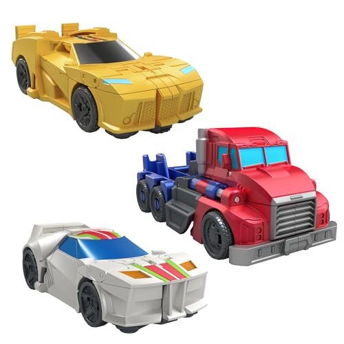 Transformers 1-Step Flip Heroes 3-Pack, 4-Inch Wheeljack, Bumblebee, and Optimus Prime Action Figures, Kids Easter Toys or Basket Stuffers, Age 6+