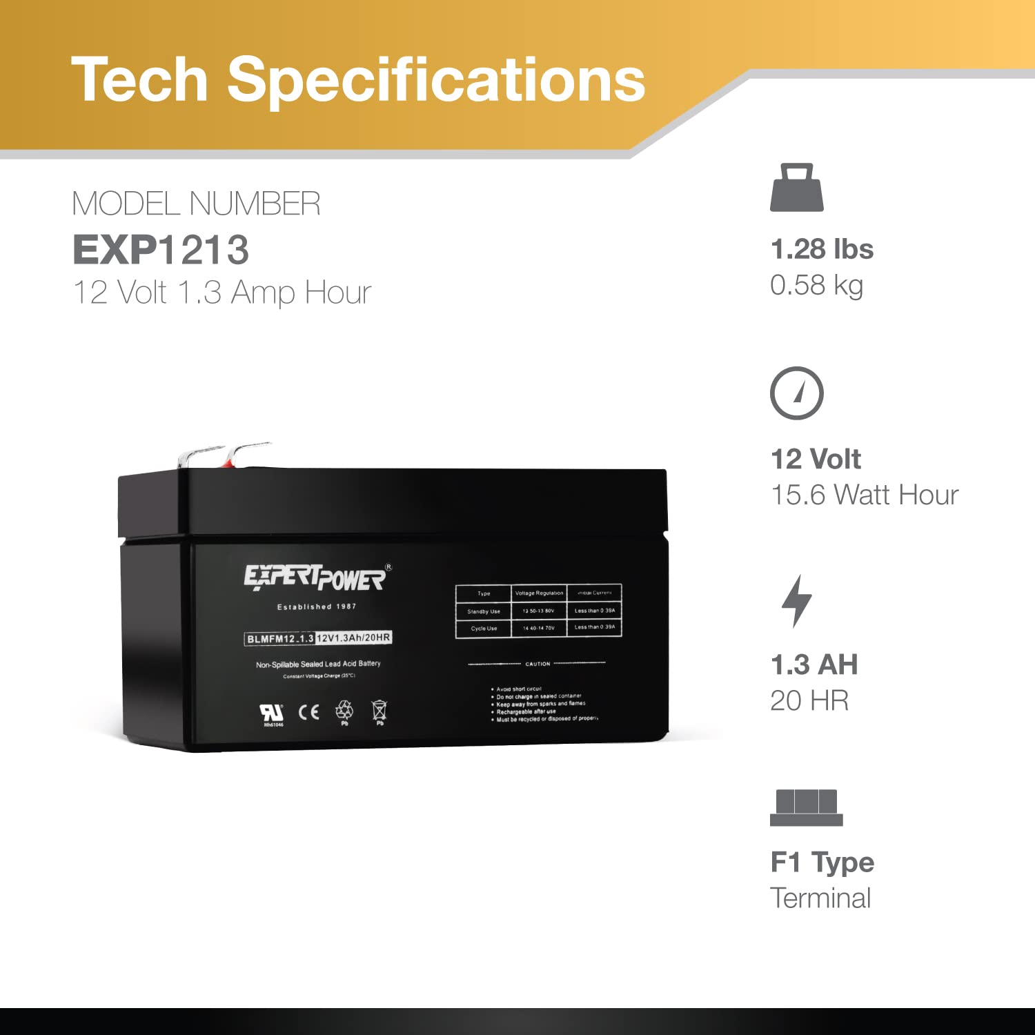 ExpertPower 12v 1.3Ah SLA Rechargeable Battery with F1 Terminals || EXP1213 (Not a Replacement for WP3_12)