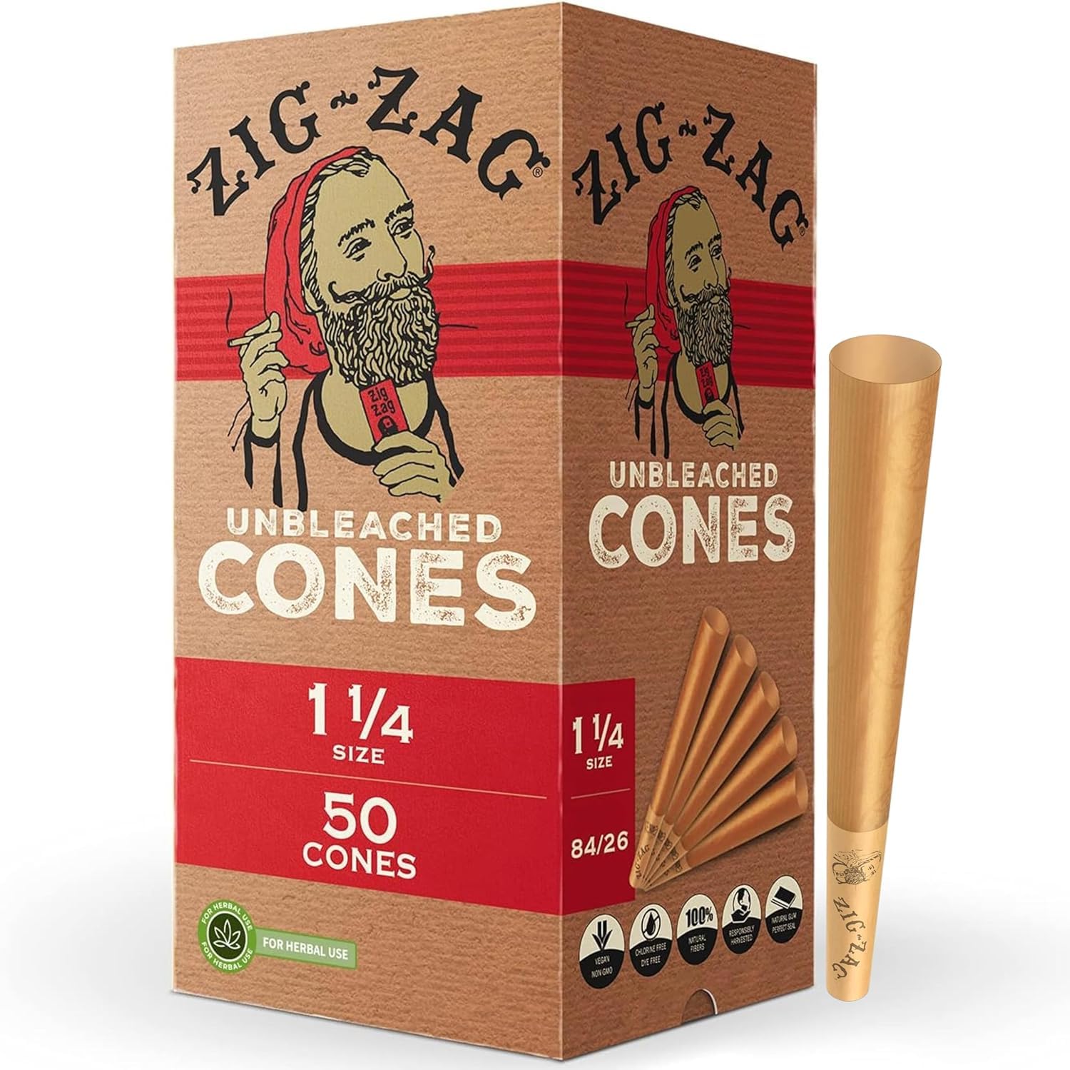 ZIG-ZAG Pre-Rolled Cones - Natural Unbleached Pre Rolled Rolling Papers Bulk Pack - Easy to Use and Convenient - 1 ¼-Inch Size - Pack of 50