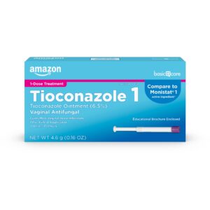 amazon basic care tioconazole ointment 6.5 percent, vaginal antifungal, 1-dose treatment, vaginal yeast infection treatment for women, feminine care, 0.16 ounce (pack of 1)