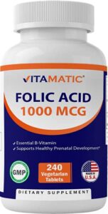 vitamatic folic acid 1000 mcg (1 mg) - vegetarian tablets - 1667 mcg dfe - vitamin b9 (240 count (pack of 1))