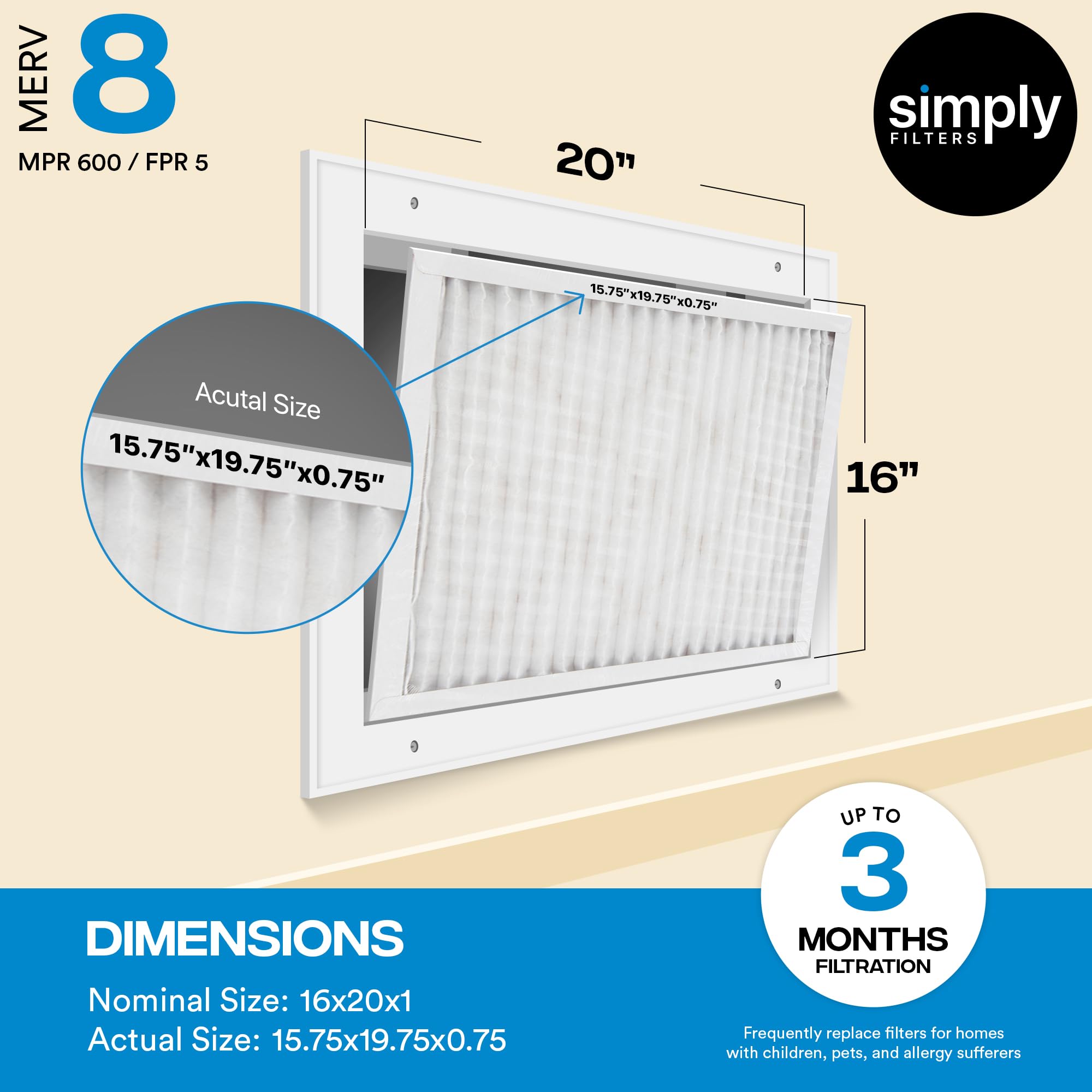 Simply Filters 16x20x1 MERV 8, MPR 600, Air Filter ( 6 Pack) - Actual Size: 15.75"x19.75"x0.75" HVAC, AC Furnace Air Filter