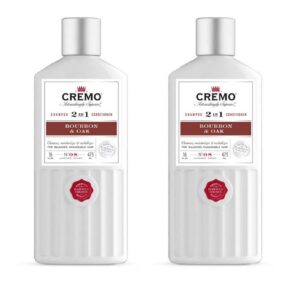 cremo bourbon & oak barber grade 2-in-1 shampoo & conditioner, 16 fl oz (2-pack) - a sophisticated blend of distiller’s spice, fine bourbon and white oak