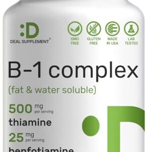 Vitamin B1 500mg with Benfotiamine, 240* Capsules – 2 in 1 Enhanced Formula – Fat & Water Soluble Thiamine B1 Supplement – Third Party Tested, Non-GMO, No Gluten