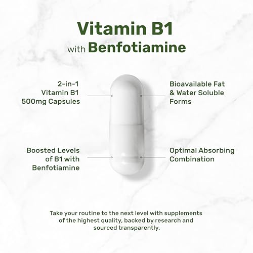 Vitamin B1 500mg with Benfotiamine, 240* Capsules – 2 in 1 Enhanced Formula – Fat & Water Soluble Thiamine B1 Supplement – Third Party Tested, Non-GMO, No Gluten