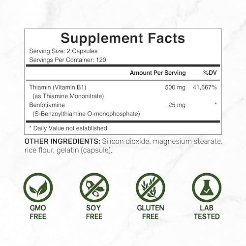 Vitamin B1 500mg with Benfotiamine, 240* Capsules – 2 in 1 Enhanced Formula – Fat & Water Soluble Thiamine B1 Supplement – Third Party Tested, Non-GMO, No Gluten