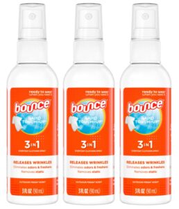 bounce anti static spray, 3 in 1 instant anti static spray & instant wrinkle release, odor eliminator & fabric refresher, travel size (3 oz,pack of 3)