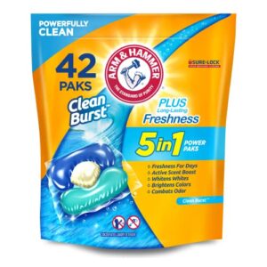 arm & hammer clean burst 5-in-1 laundry detergent power paks, high efficieny (he), 42 count