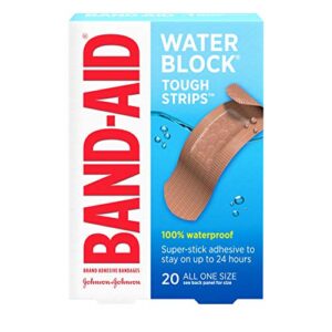 band-aid brand water block waterproof tough adhesive bandages for minor cuts and scrapes, all one size, 20 count (pack of 1)