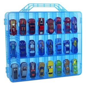 bins & things hot wheels display case and toy car storage organizer, double sided 48 - multi compartment plastic car toy organizer compatible with lego, lol surprise matchbox cars storage case - blue