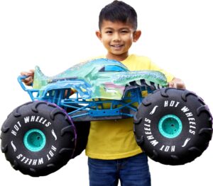 hot wheels monster trucks rc toy, large remote-control 1:6th scale mega-wrex, all-terrain tires, 2ft+ long