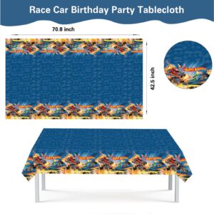 hot race car themed party decorations, car wheel birthday party supplies include plastic table covers(42.5x70.8inch) and photography backdrop(59x39inch) for kids truck party favors