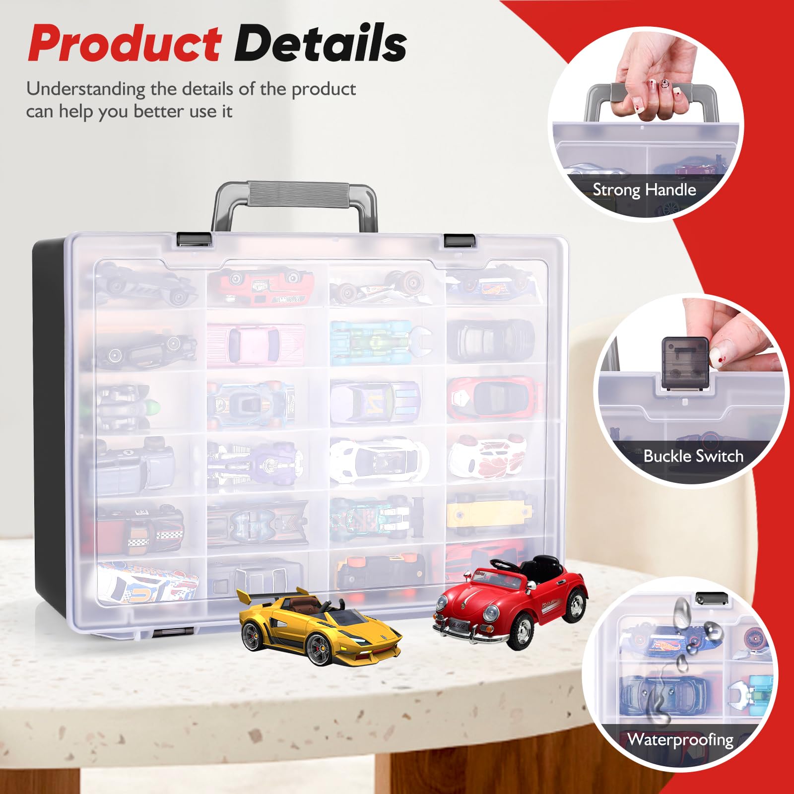 RHCOM Toy Organizer.72 Compartments.Toy Storage Box Compatible With Hot wheels Cars, Matchbox Cars,Mini Toys and Small Dolls.Toy Storage Display Case With 3 Layers of Removable Trays (Black)