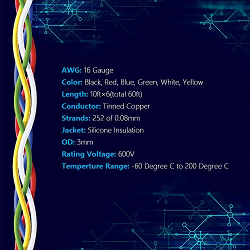 Silicone Stranded Wire Automotive Wire 16 Gauge Jumper Wire Electronic Tinned Copper Hook up Wire 6 Colors 10Ft Each 16AWG Electric Wire from Fermerry