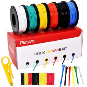 22 awg solid core wire kit – 22 gauge pvc coated copper wires pre-tinned 33ft or 10m each, 6 colors (black, red, yellow, green, blue, white), hook up wire kit from plusivo