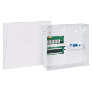 icc 14” plastic structured wiring enclosure, media enclosure with voice, data, and video modules with cover, recessed wall box for distribution of networking services, white