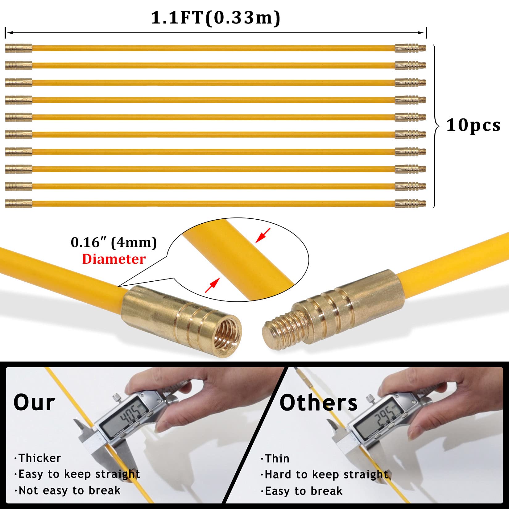 KOOTANS 11 ft Fiberglass Wire Running Kit Wall Cable Wire Fishing Rod Pull Push Tool Electrical Fish Tape Set with 6 Different Accessories