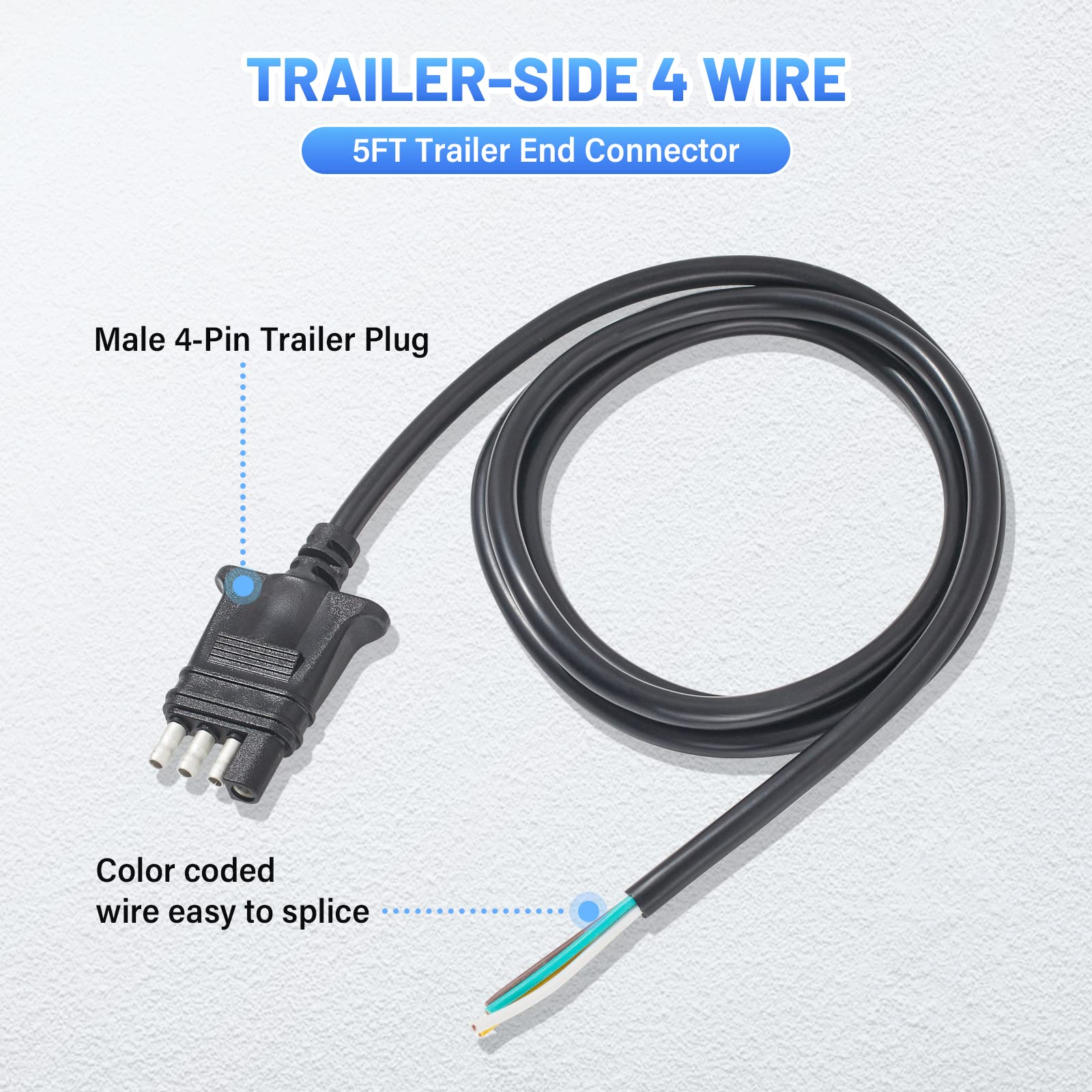 MECMO 4 Way Trailer End Connector Wire 5 Feet Jacketed Cable, Heavy Duty 18AWG 4 Pin Flat Trailer Light Plug Color-Coded Pure Copper Trailer-Side Male Replacement 4 Wire Connector Trailer Hitch Wiring