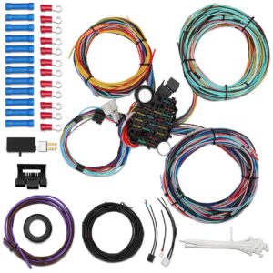 universal 21 circuit wiring harness kit, 21 circuit wiring harness kit, 21 circuit universal wiring harness kit extra long wire standard color 17 fuses for gm chevy chrysler ford mopar hotrods ratrods