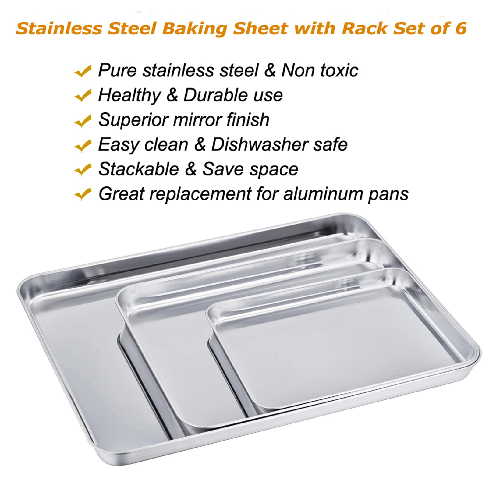 TeamFar Baking Sheet and Cooling Rack Set (3 Pans + 3 Racks), Stainless Steel Cookie Sheet with Roasting Racks for Cooking/Cooling, Healthy & Dishwasher Safe, Sturdy & Long Lasting