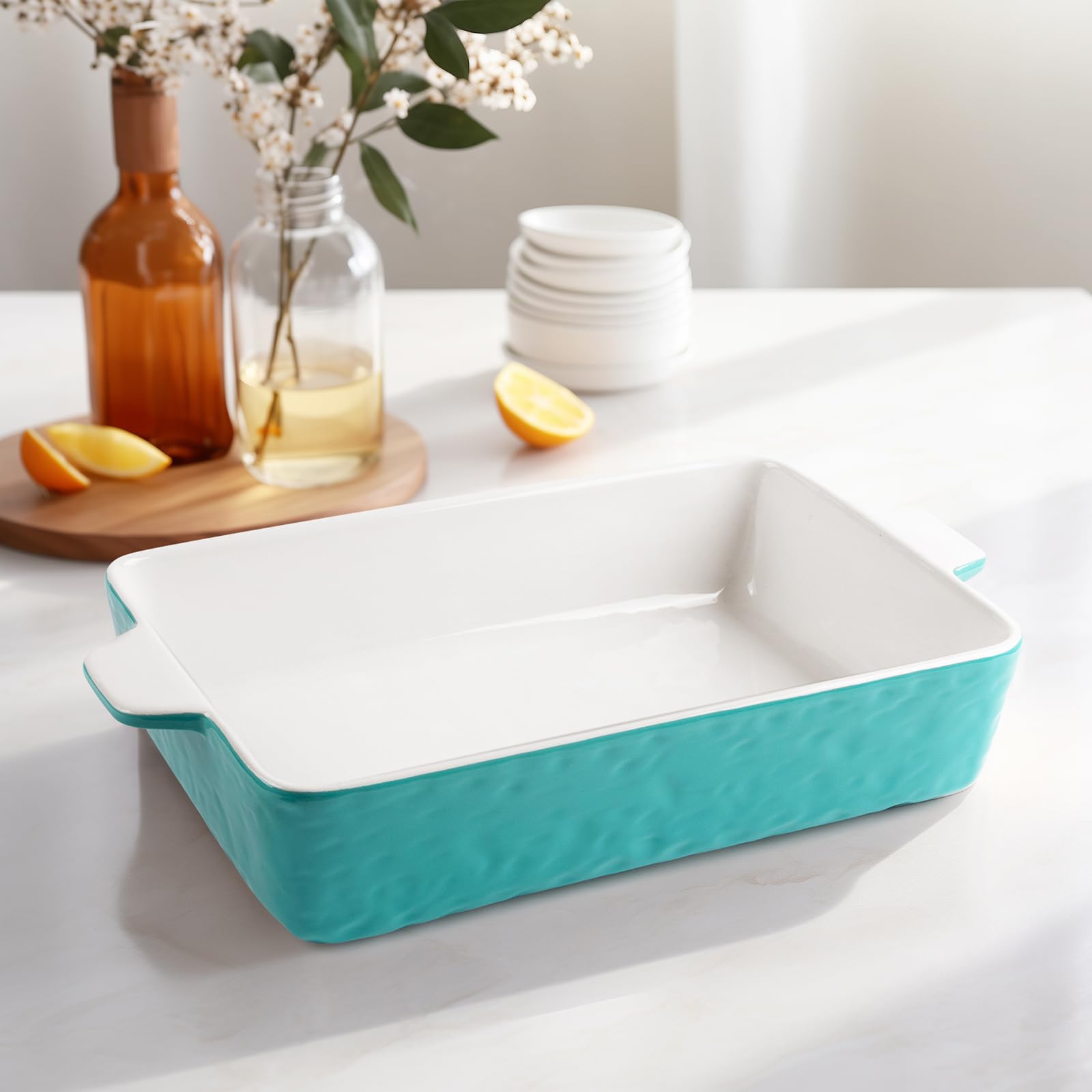 Krokori Ceramic Baking Dish, Casserole Dish for Oven, Lasagna Pan Deep, 9x13 Baking Pan with Handles, Porcelain Bakeware for Lasagna, Baking, Cooking, Kitchen, Daily Use, Wedding Gift (Aquamarine)