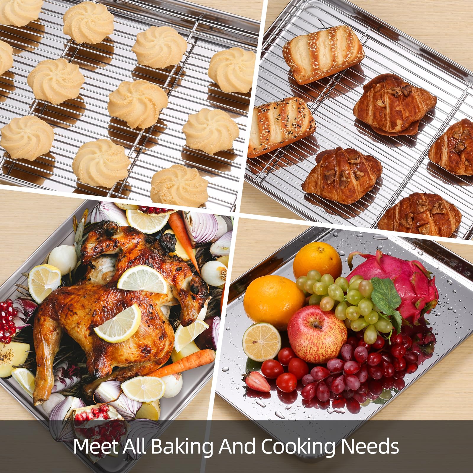 Amrules Baking Sheet with Cooling Rack Set, 3 Premium Stainless Steel Cookie Sheets and 3 Wire Racks, Kitchen Nonstick Baking Pans Set, Includes 3 Different Sizes, Heavy Duty Non Toxic, Easy to Clean