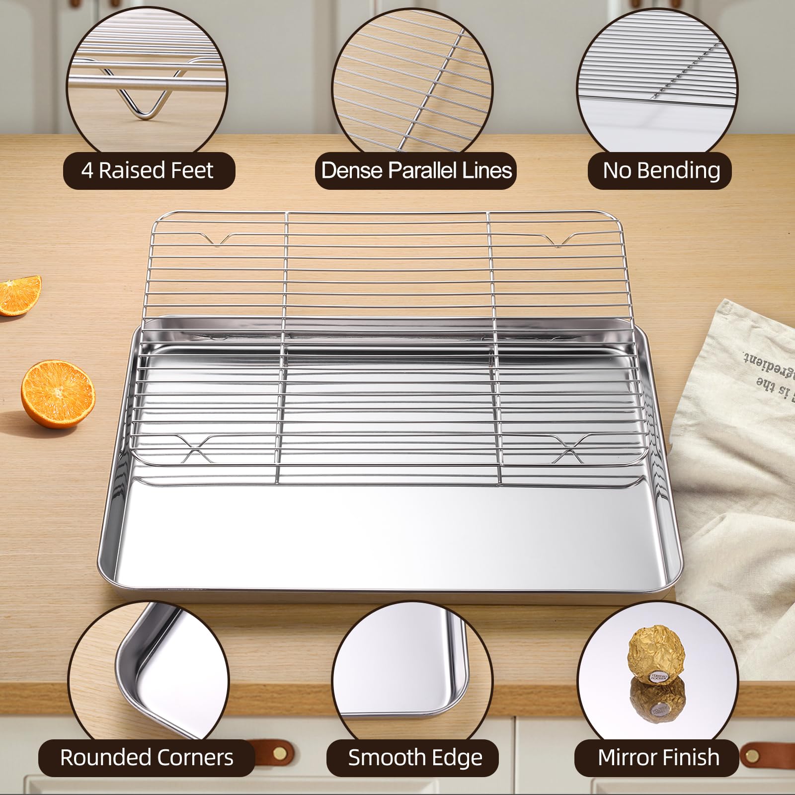 Amrules Baking Sheet with Cooling Rack Set, 3 Premium Stainless Steel Cookie Sheets and 3 Wire Racks, Kitchen Nonstick Baking Pans Set, Includes 3 Different Sizes, Heavy Duty Non Toxic, Easy to Clean