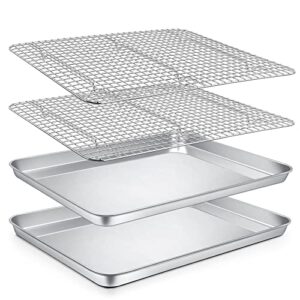 p&p chef baking sheets and racks set (2 pans + 2 racks), stainless steel baking sheet oven tray and cooling grid rack for cookies meats, size 16 x 12 x 1 inch, oven & dishwasher safe