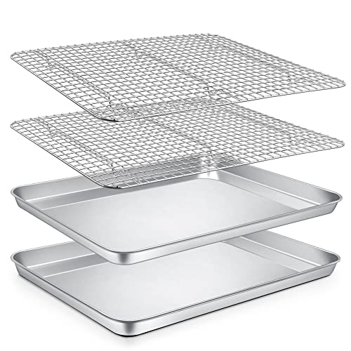 P&P CHEF Baking Sheets and Racks Set (2 Pans + 2 Racks), Stainless Steel Baking Sheet Oven Tray and Cooling Grid Rack for Cookies Meats, Size 16 x 12 x 1 Inch, Oven & Dishwasher Safe