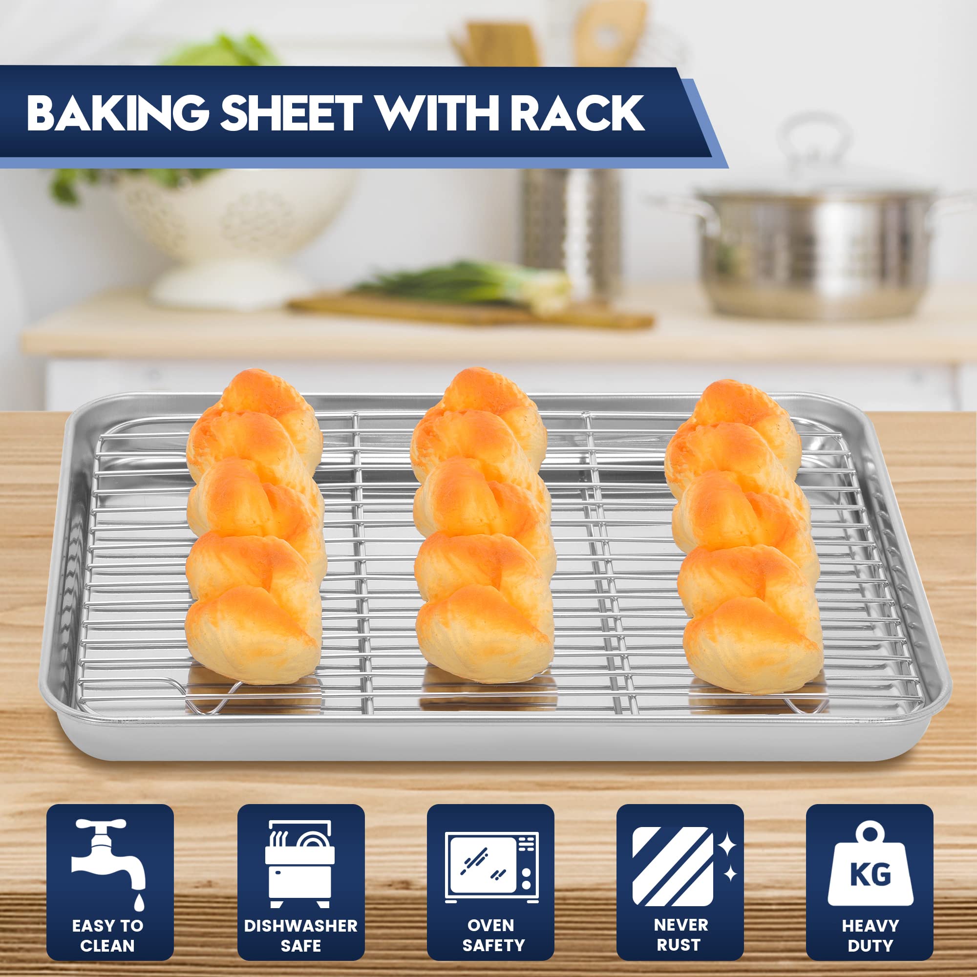 BIEAMA Baking Sheet with Rack Set (2 Pans + 2 Racks), 10 x 8 x 1" Stainless Steel Cookie Sheet with Cooling Rack, Toaster Oven Tray and Rack Set