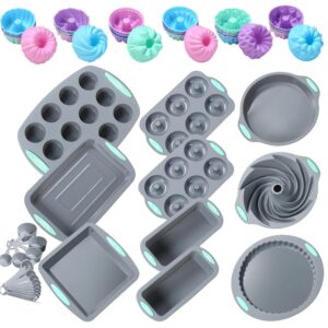 tongjude 51 piece silicone bakeware set, non-stick kitchen oven baking pans, silicone cake molds with muffin pan, cookies baking sheet, cake pan, donut pan and loaf pan