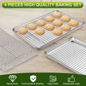 Quarter Sheet Pan with Rack Set (2 Baking Pans + 2 Cooling Racks), CEKEE Stainless Steel Cookie Sheets for Baking and Wire Rack Set, Nonstick & Warp Resistant & Heavy Duty, Size 12 x 10 x 1 Inches