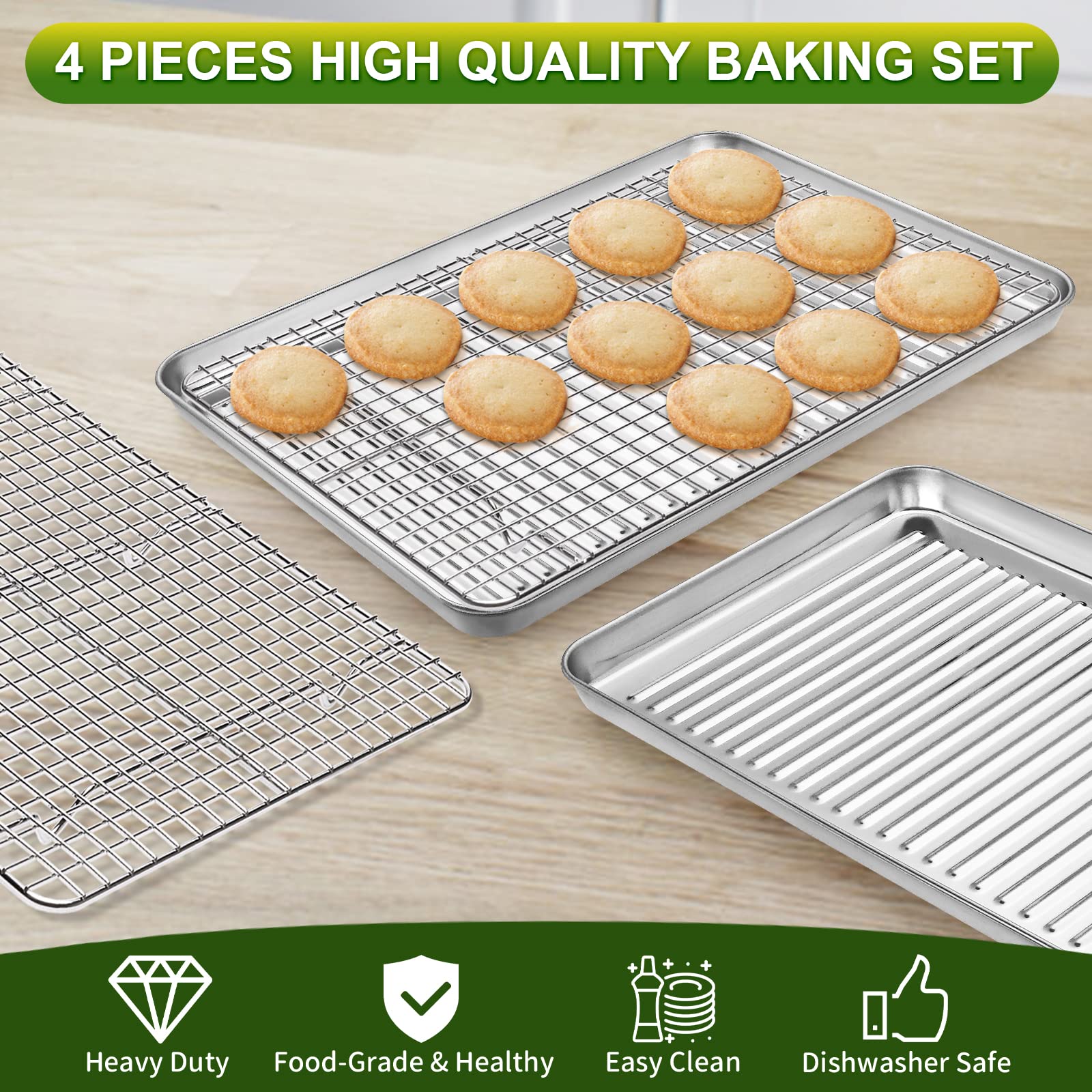 Quarter Sheet Pan with Rack Set (2 Baking Pans + 2 Cooling Racks), CEKEE Stainless Steel Cookie Sheets for Baking and Wire Rack Set, Nonstick & Warp Resistant & Heavy Duty, Size 12 x 10 x 1 Inches