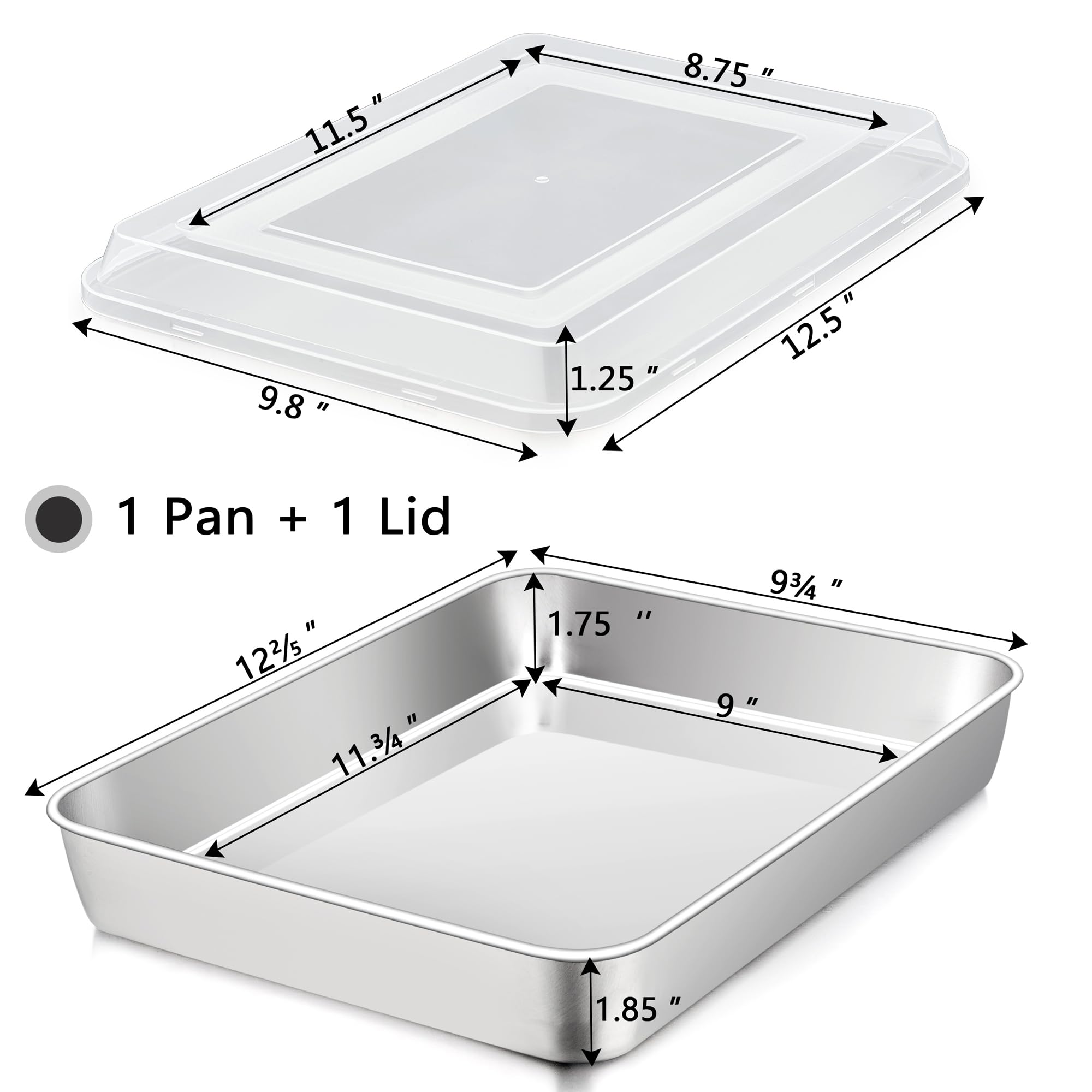 TeamFar Lasagna Pan with Lid, 12⅖’’ x 9¾’’ x 2’’, Stainless Steel Rectangular Baking Cake Pan, Heavy Duty & Non-Toxic, Deep & Visible, Brushed Finish & Dishwasher Safe- (1 Pan+1 Lid)