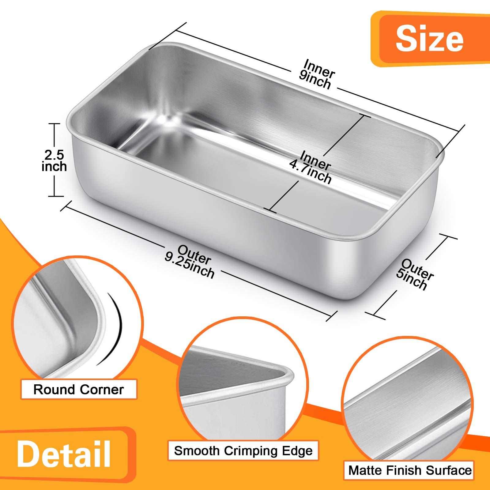 E-far Loaf Pan for Baking Bread, 9 x 5 Inch Stainless Steel Baking Loaf Pans, Metal Bakeware for Bread Meatloaf Cake Brownies, Healthy & Non Toxic, Easy Release & Dishwasher Safe - Set of 3