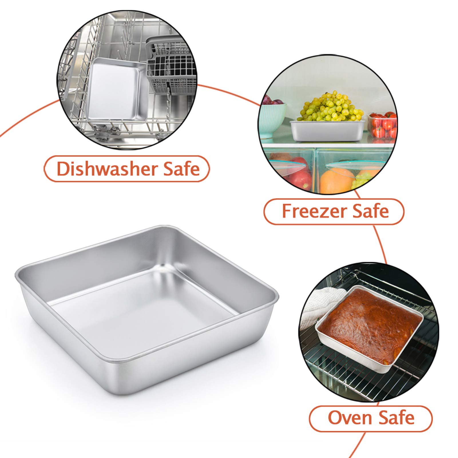 TeamFar 8 Inch Square Baking Pan, Square Cake Brownie Pan Stainless Steel for Wedding Christmas Party, Healthy & Non Toxic, Sturdy & Brushed Surface, Dishwasher Safe