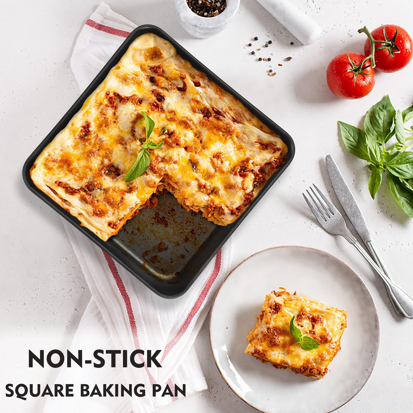 P&P CHEF Square Baking Pan, 8 Inch Square Cake Lasagna Brownie Pan for Nonstick Baking Roasting, Stainless Steel Core with Non-stick Coating, Oven & Freezer Safe, Non-toxic & Easy Cleaning