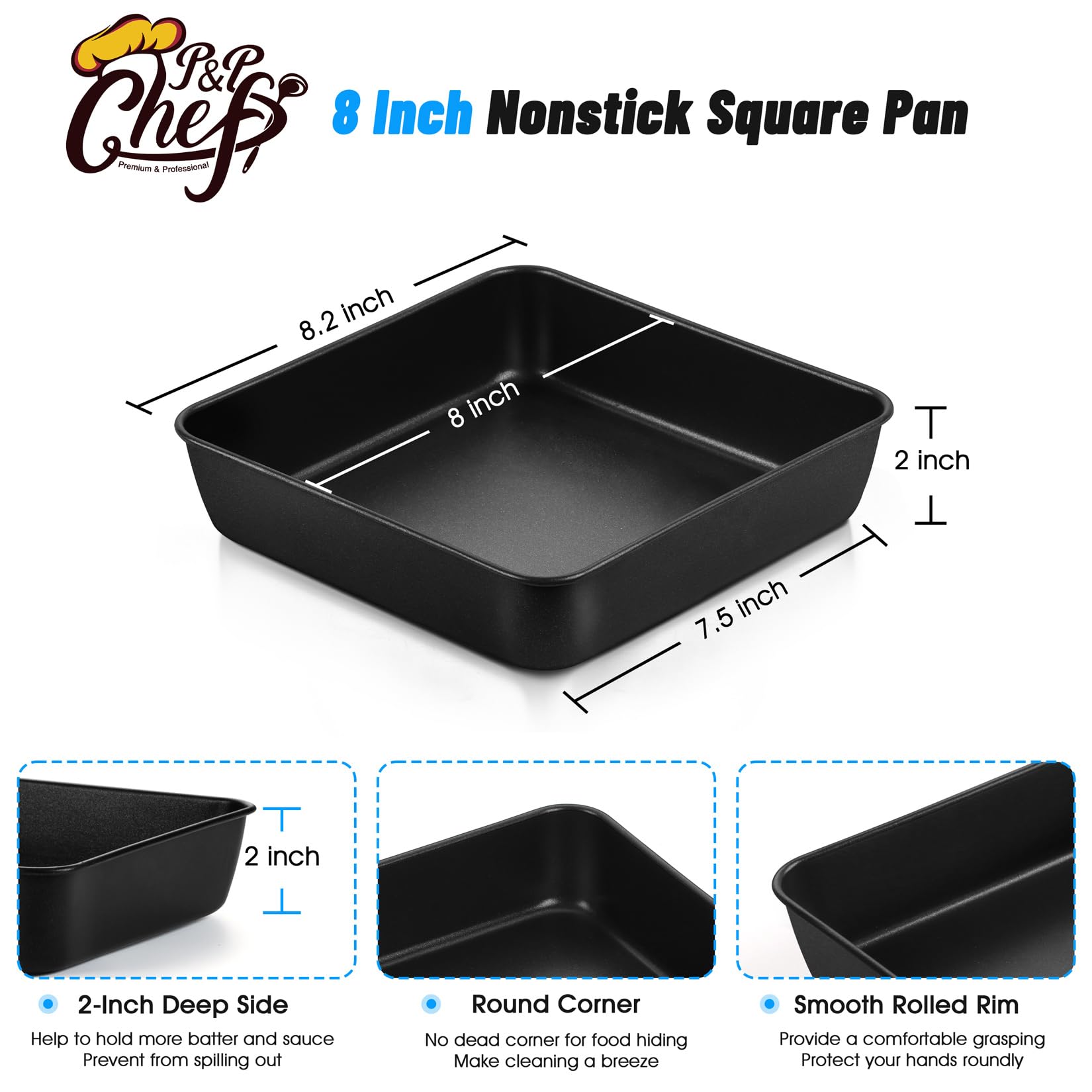 P&P CHEF Square Baking Pan, 8 Inch Square Cake Lasagna Brownie Pan for Nonstick Baking Roasting, Stainless Steel Core with Non-stick Coating, Oven & Freezer Safe, Non-toxic & Easy Cleaning