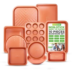 nutrichef 10-piece nonstick oven baking pan set - premium carbon steel bakeware w/cookie sheets, loaf & cupcake pans, perforated crisper pans, round & square roasting pans, easy to clean - copper