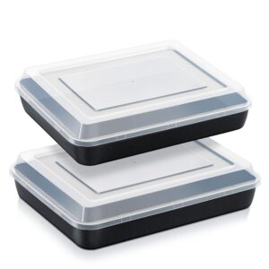 e-far baking pan with lid, 9.75 x 12.5 x 2 inch nonstick rectangle cake pans with covers, 2 sheet pans bakeware and 2 lids for brownies cakes, non-toxic & stainless steel core, 2 inch deep