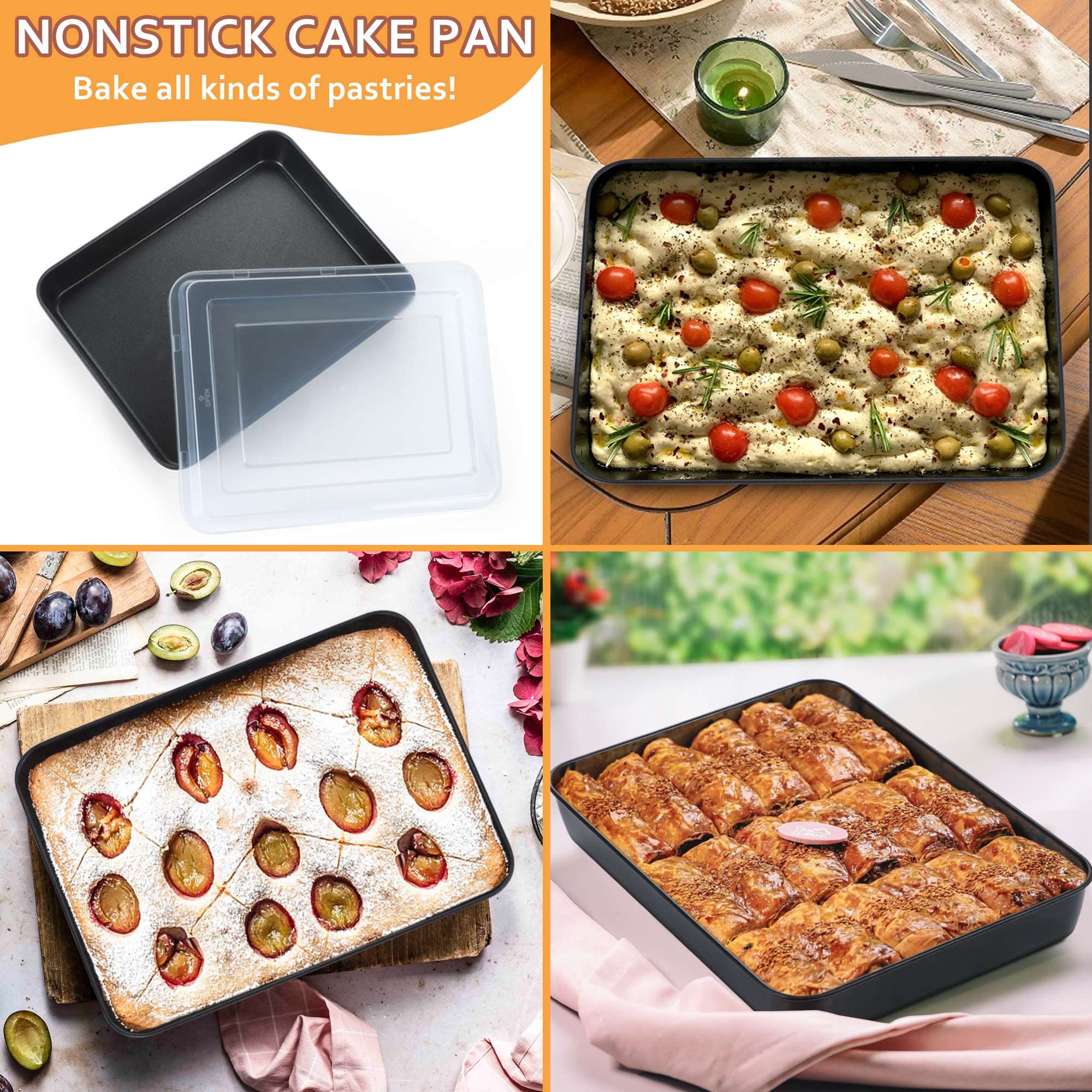 E-far Baking Pan with Lid, 9.75 x 12.5 x 2 Inch Nonstick Rectangle Cake Pans with Covers, 2 Sheet Pans Bakeware and 2 Lids for Brownies Cakes, Non-toxic & Stainless Steel Core, 2 Inch Deep