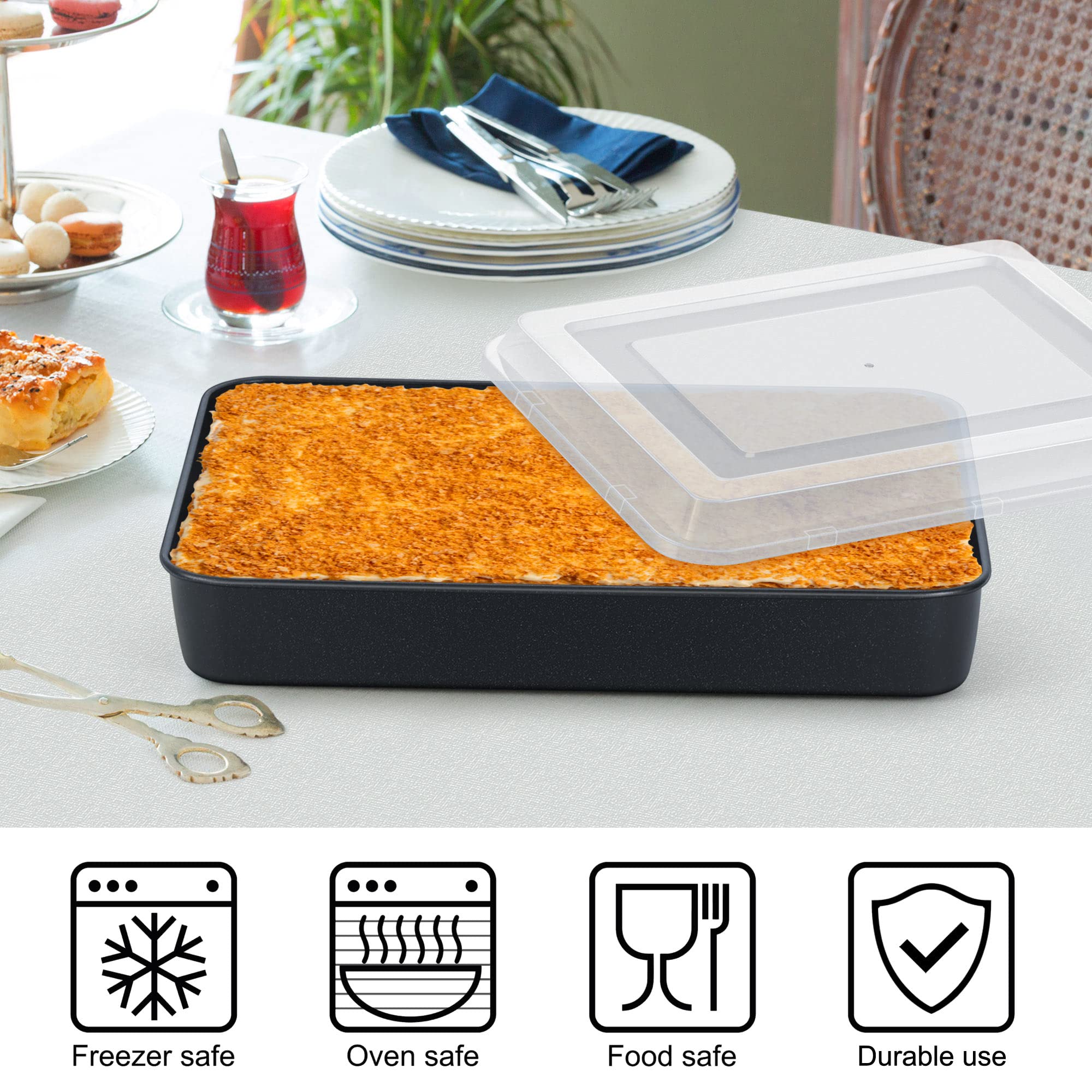 E-far Baking Pan with Lid, 9.75 x 12.5 x 2 Inch Nonstick Rectangle Cake Pans with Covers, 2 Sheet Pans Bakeware and 2 Lids for Brownies Cakes, Non-toxic & Stainless Steel Core, 2 Inch Deep