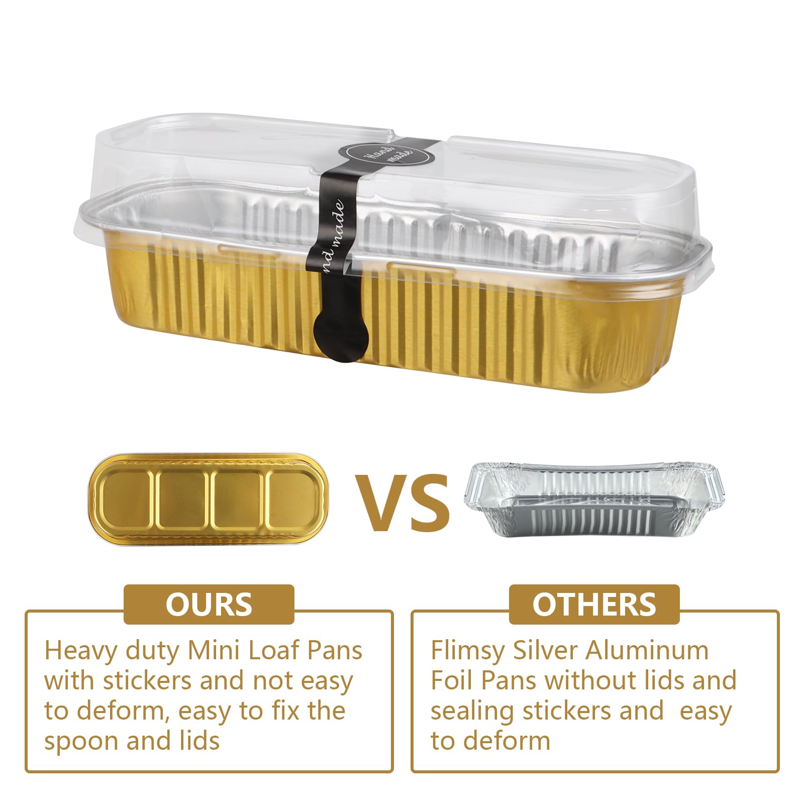 ABuff 100 Pack Mini Loaf Pans with Lids, 6.8oz Aluminum Foil Disposable Baking Pans With Lids and Spoons, Rectangle Pans Tins Containers Cake Pans for Brownie Cake Cheesecake - Gold