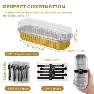 ABuff 100 Pack Mini Loaf Pans with Lids, 6.8oz Aluminum Foil Disposable Baking Pans With Lids and Spoons, Rectangle Pans Tins Containers Cake Pans for Brownie Cake Cheesecake - Gold