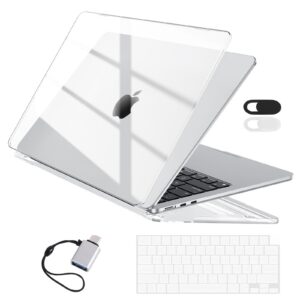 eoocoo case compatible with macbook air 15 inch 2024 2023 m3 m2 chip a3114 a2941, air 15.3" plastic hard case & keyboard skin & camera cover & type c adapter, crystal clear